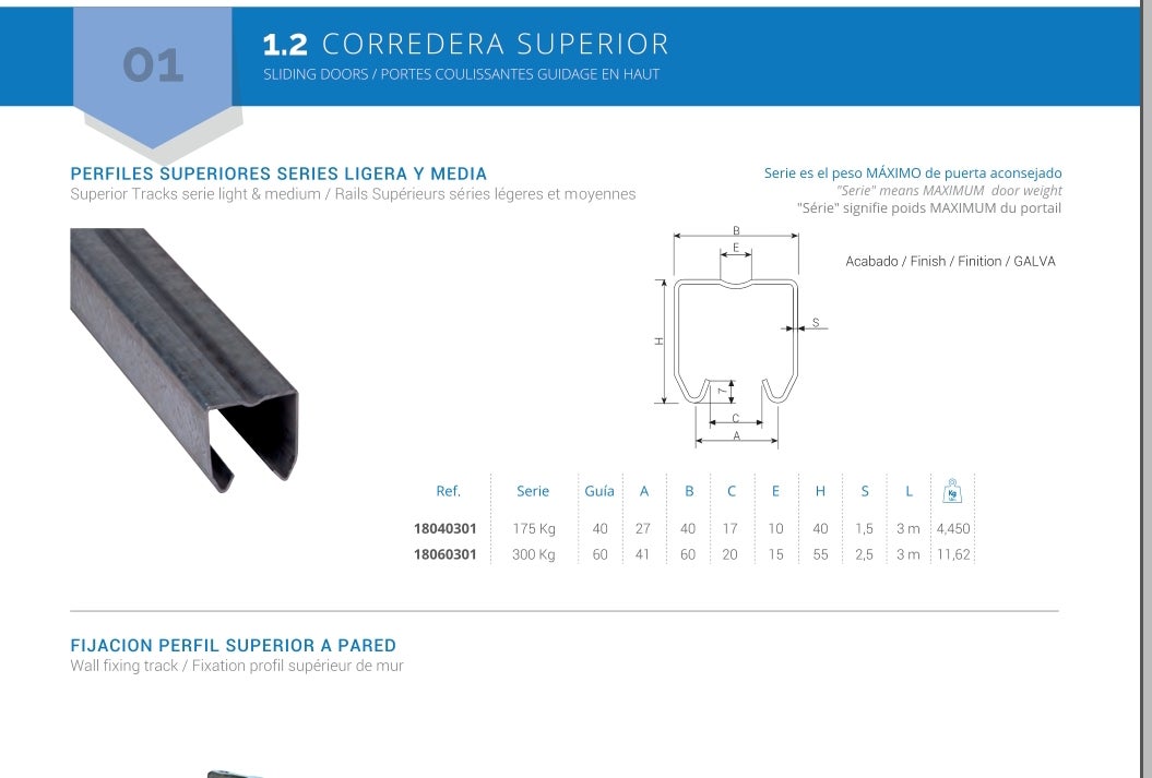 PERFIL SUPERIOR U 60 MM PARA PUERTA CORREDERA. GALVANIZADO 3 M ...